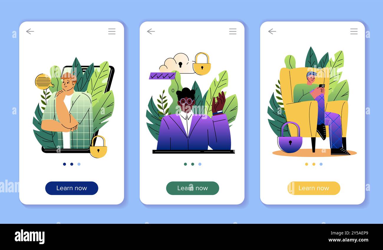 Cyber safety posters set. Men with locks near smartphones. Protecting ...