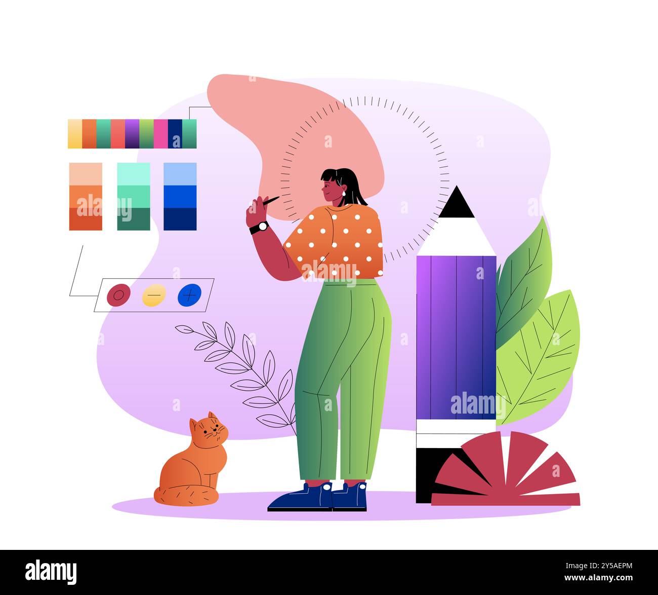 Graphic designer person. Woman with pencil and palette. Freelancer work ...