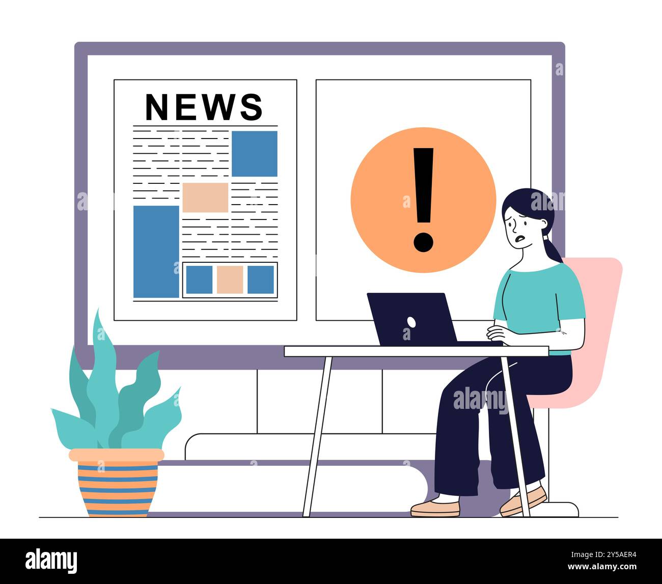 Woman with disturbing news. Young girl with laptop reading bad news in newspaper. Negative ...