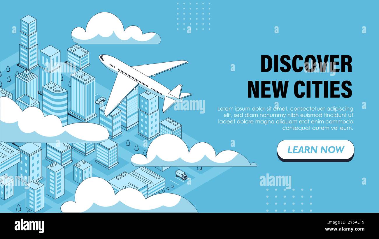 Discover new cities poster. Airplane in sky above high rise buildings ...