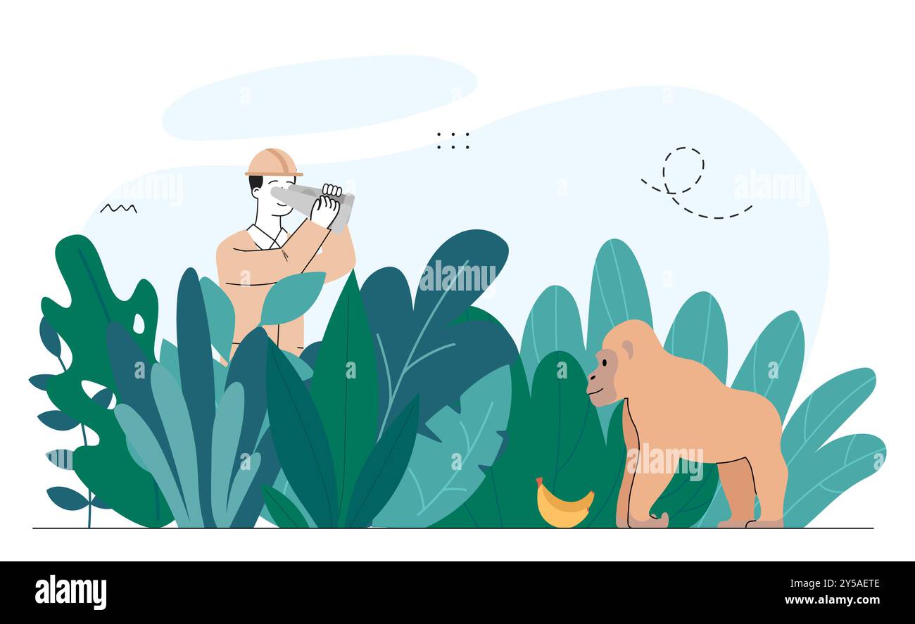 Man watches monkey. Young guy with binoculars looking at macaque with ...