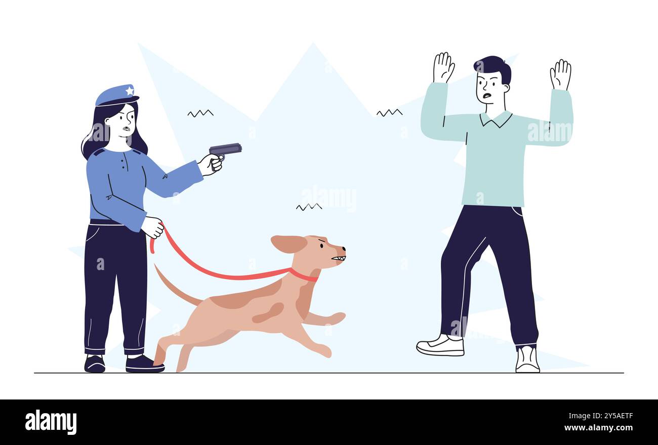 Detention of criminal. Female police officer with dog and gun catches ...