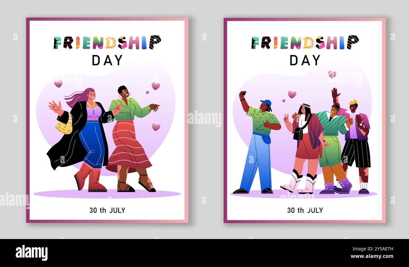 International friendship day posters set. Men and women in bright ...