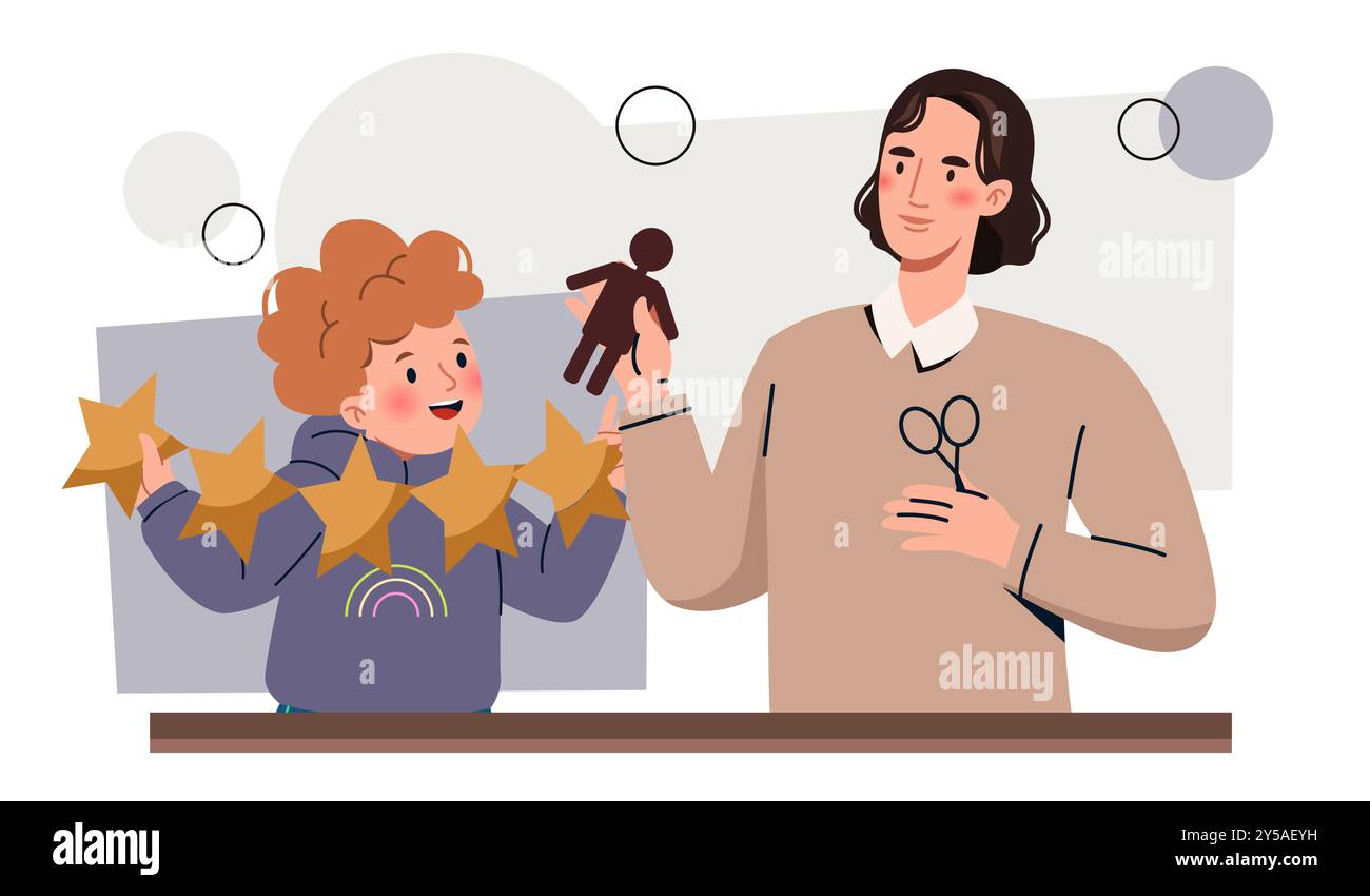 Kid make craft paper. Woman and boy making paper figures. Handicraft ...