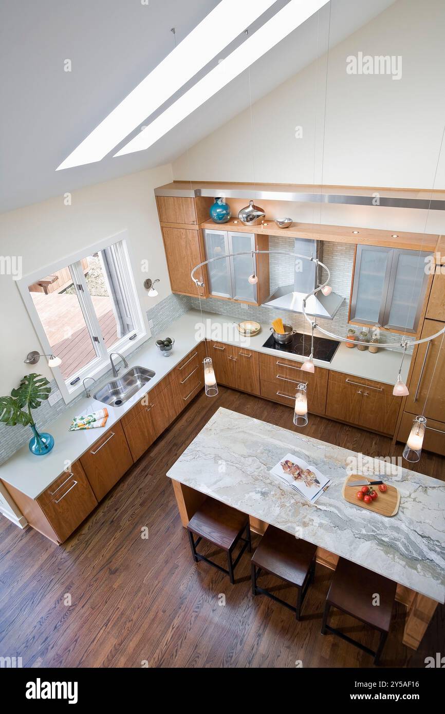 Contemporary kitchen seen from above with dog looking up Stock Photo ...