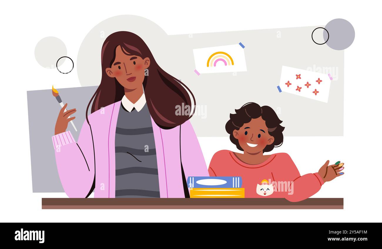 Kid draws with mother. Woman teaches boy how to draw. Creativity and ... Kid draws with mother. Woman teaches boy how to draw. Creativity and ...