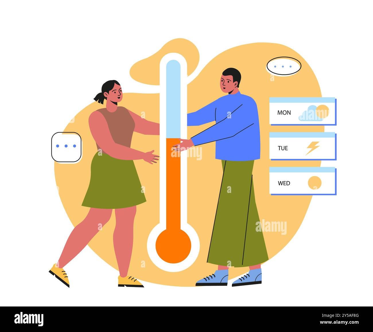 Meteorology geophysics science. Man and woman with thermometer. Physics ...