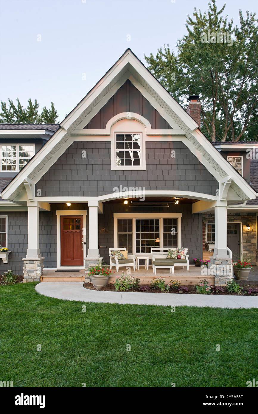 Front entrance to house showing gable and front door Stock Photo - Alamy