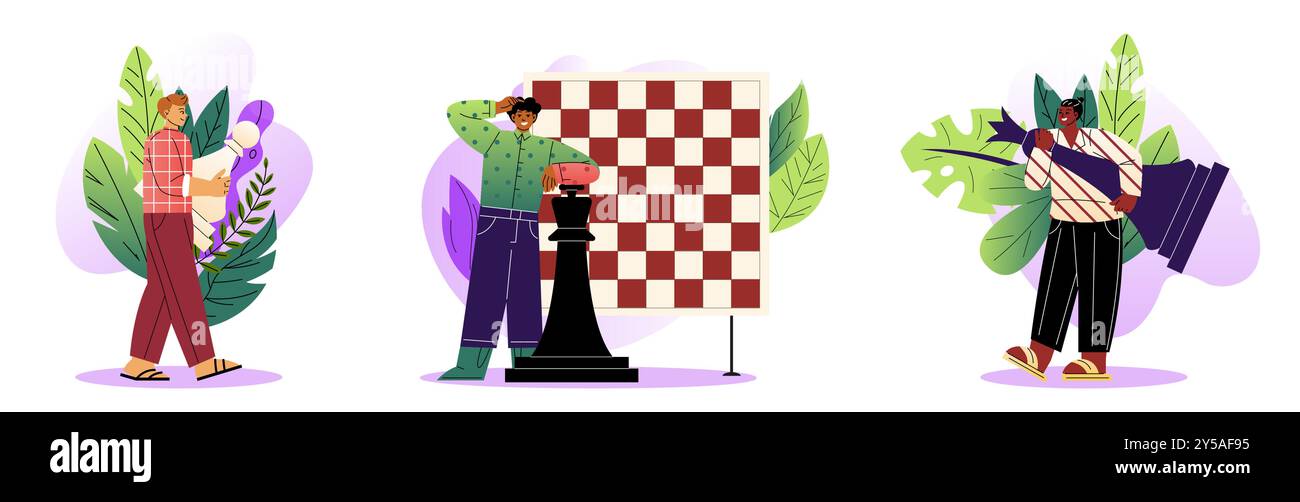 People playing chess set. Men and women with chess pieces and board ...