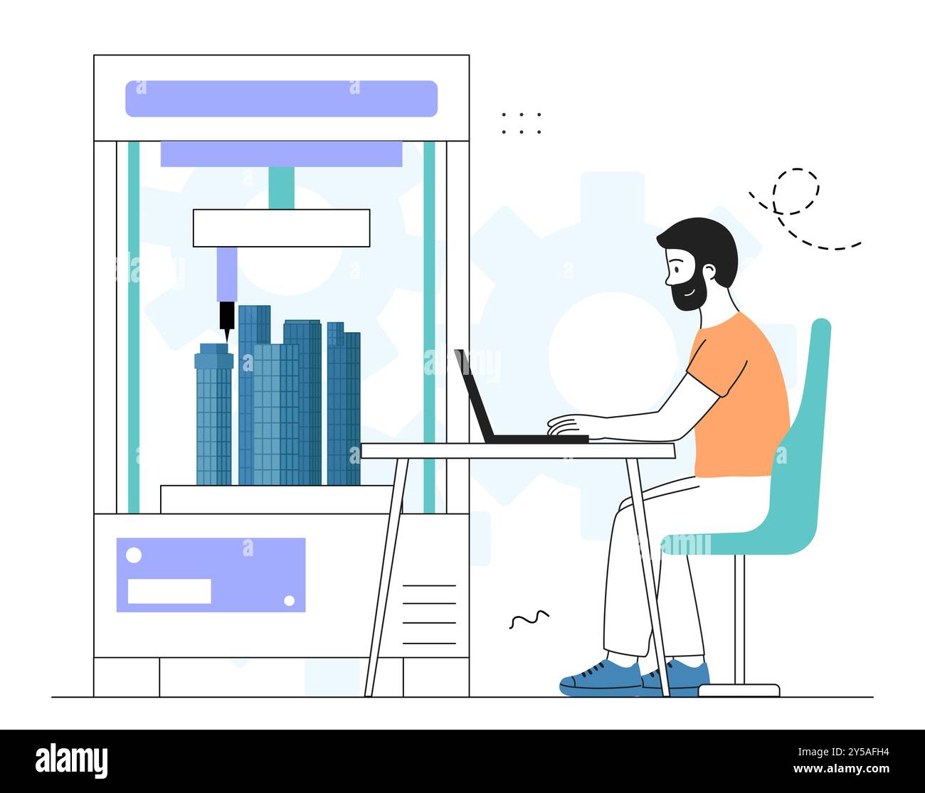 Man designs skyscrapers. Young guy with laptop work with templates of ...