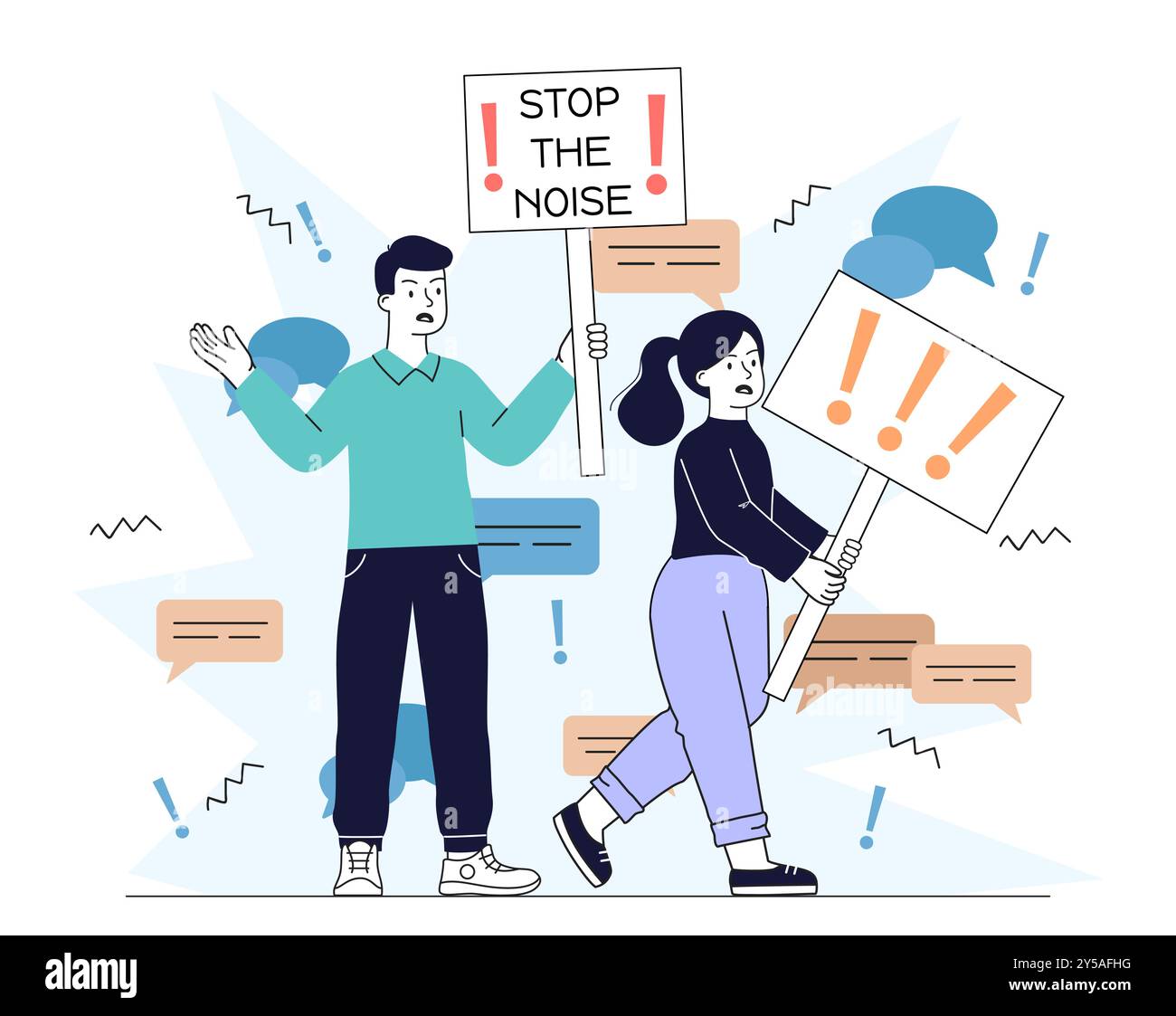 Stop noise rally. Man and woman with posters and placards. Peaceful ...