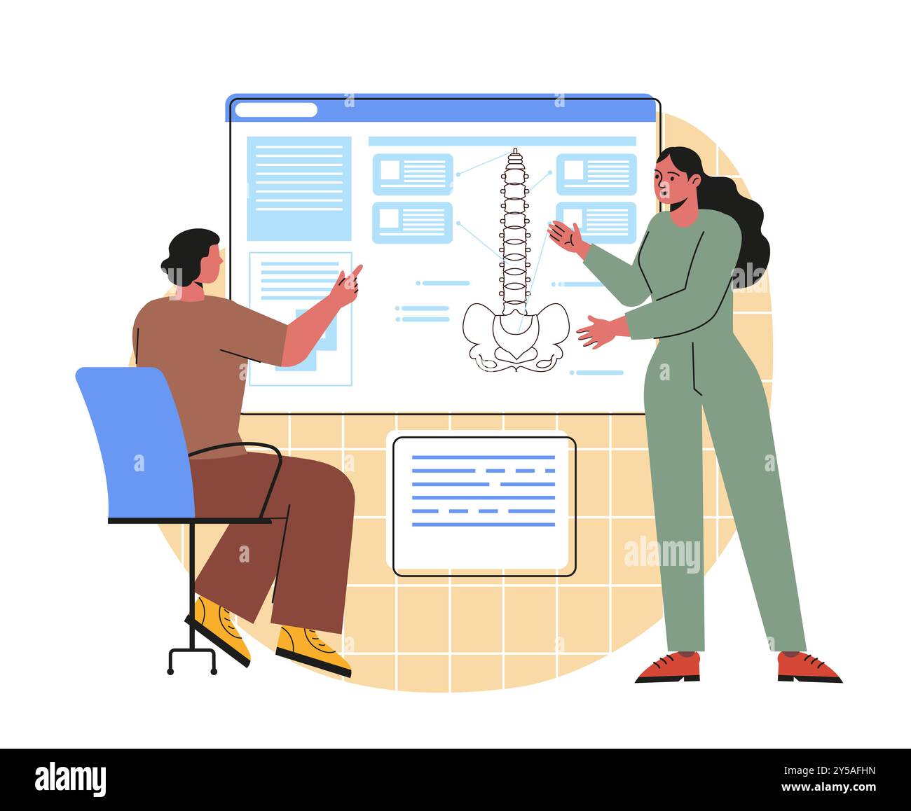 Posture correction concept. Women near medical infographics of spine ...