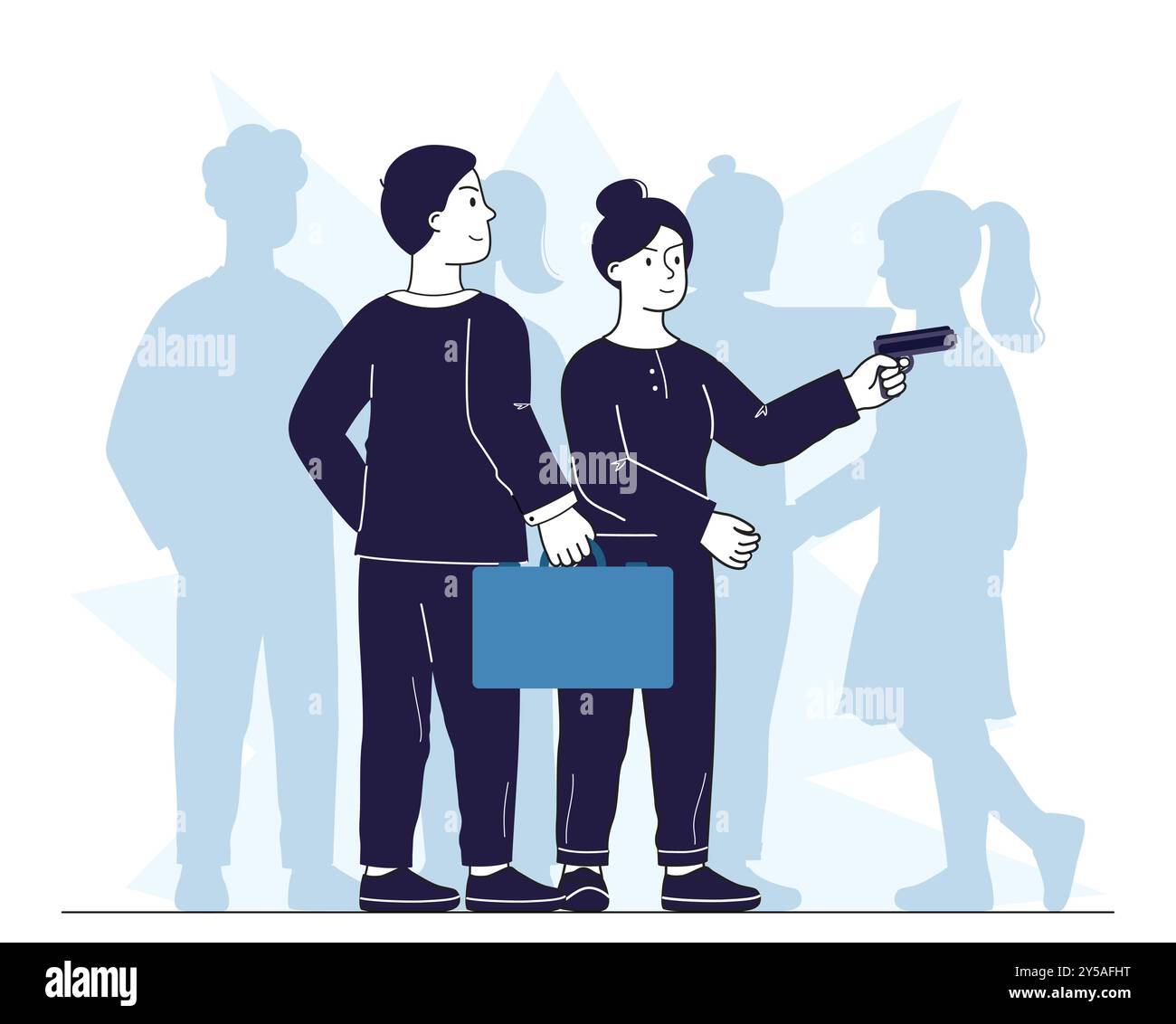 Secret agents team. Man and woman in black clothes with pistol with ...