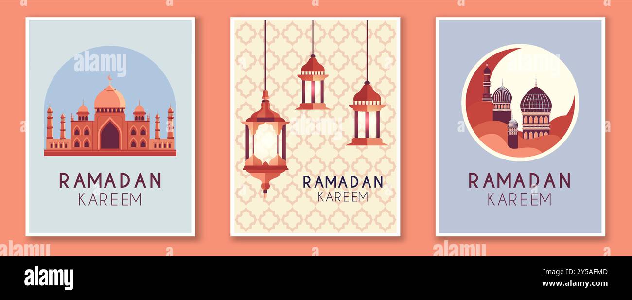 Ramadan kareem set posters. Lamps, mosque and east asian buildings ...