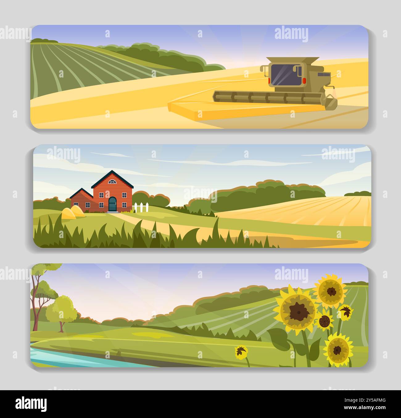 Set of village posters. Sunflowers and barn in meadow with rolling ...