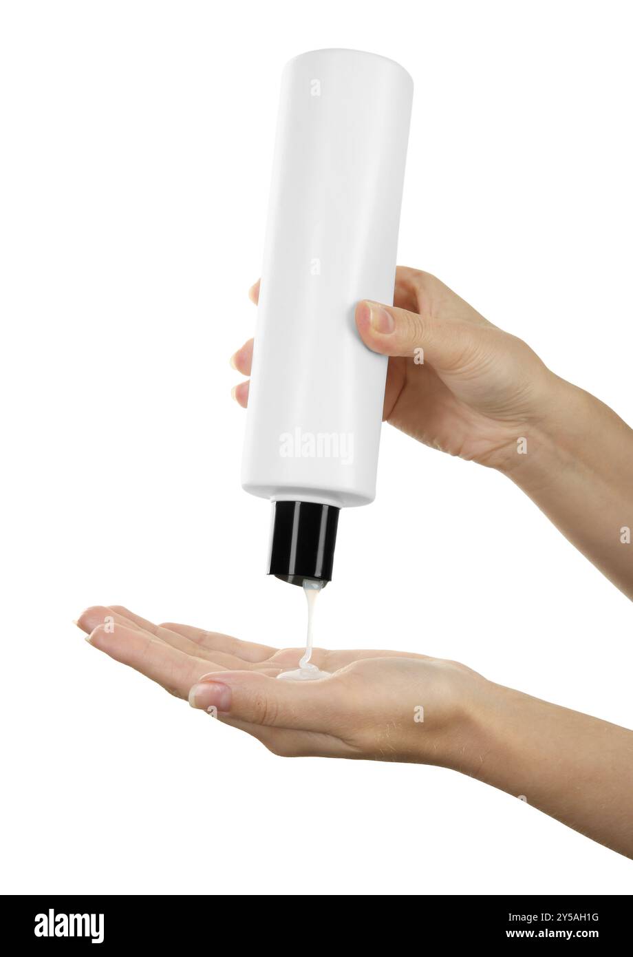 Woman pouring shampoo onto hand on white background, closeup Stock ...