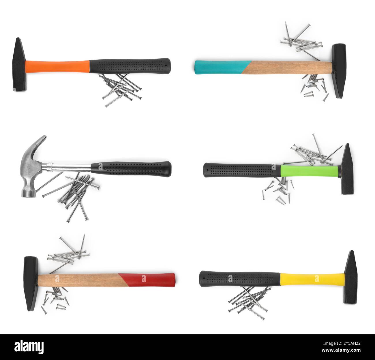 Collage with different hammers and metal nails on white background, top ...