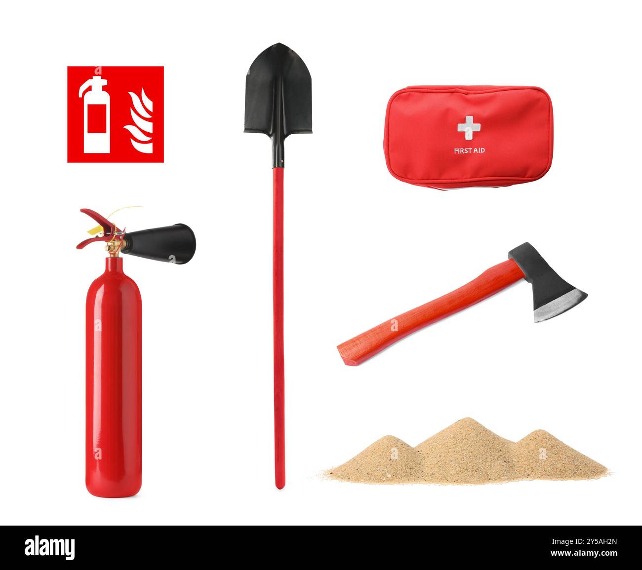 Collage with fire extinguisher and other firefighting equipment on ...
