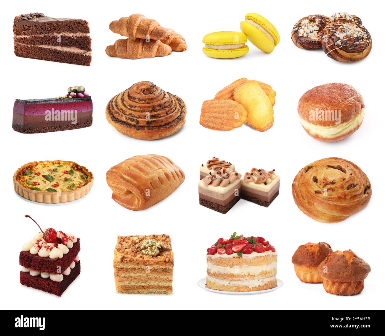 Different pastry isolated on white. Set of cakes, buns and other baked ...