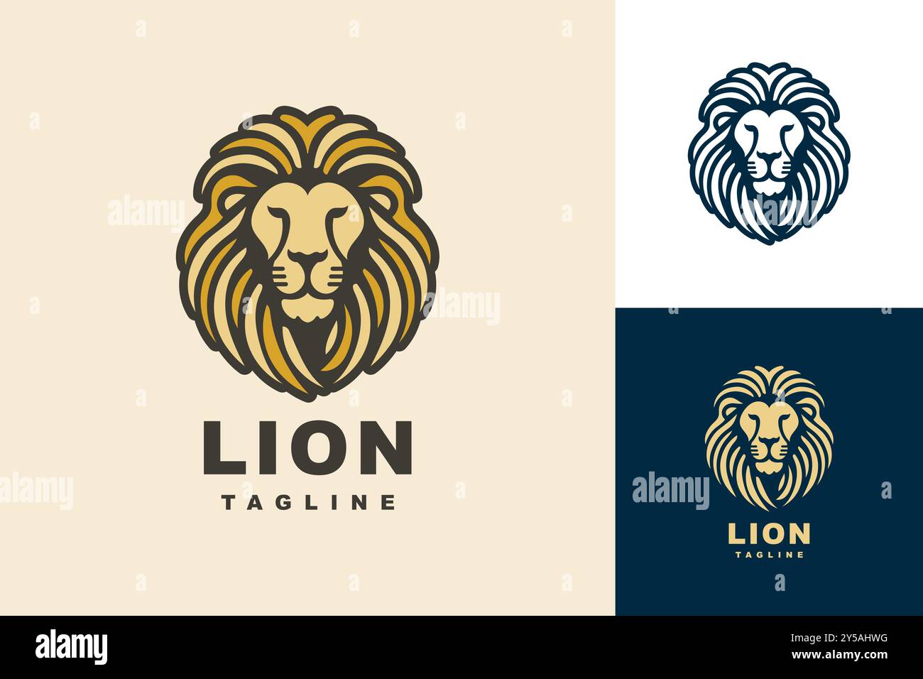 The lion head logo design is minimalist in style with a yellow and black color scheme Stock ...