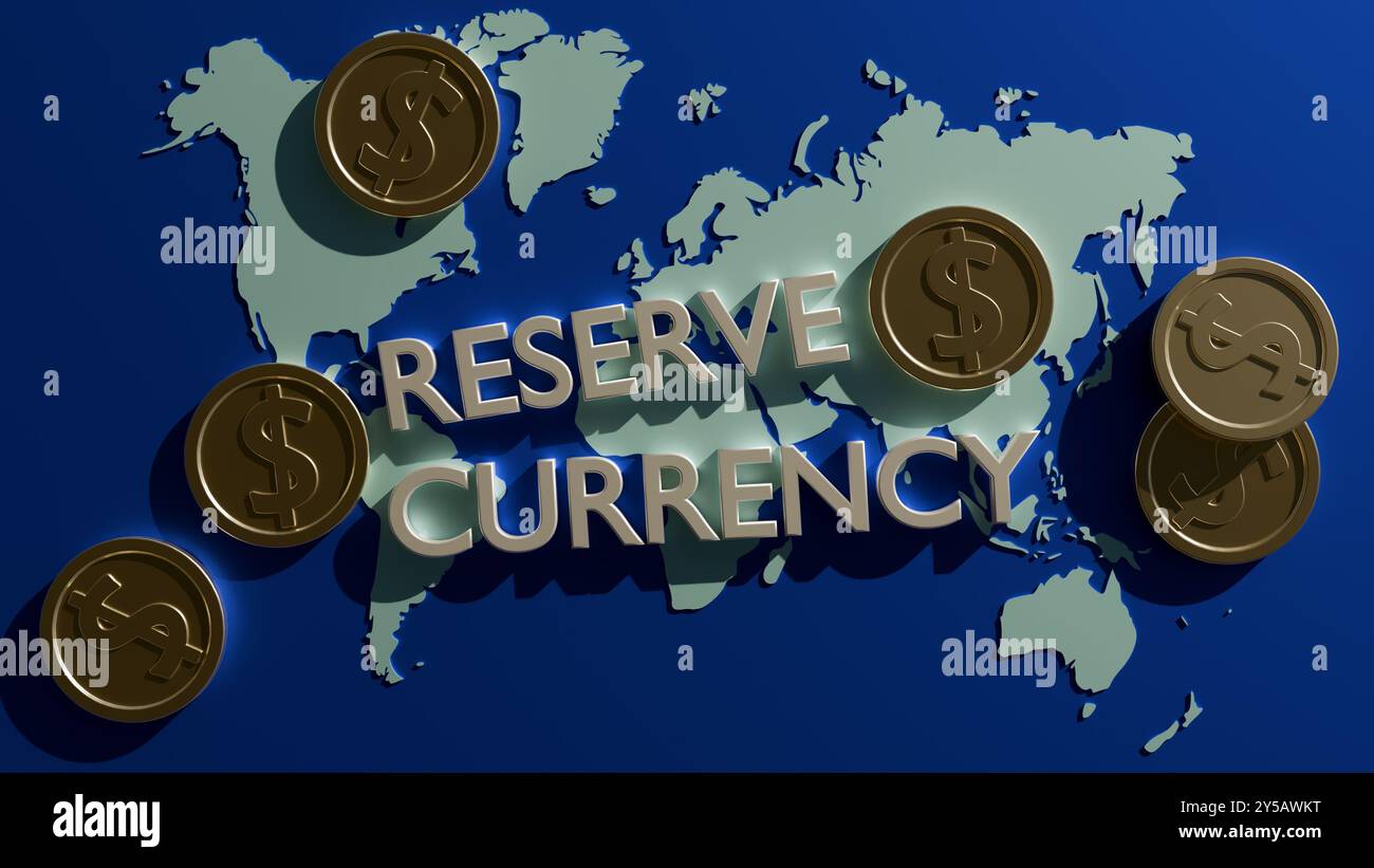 3d rendering of a world map with "RESERVE CURRENCY" and gold coins ...