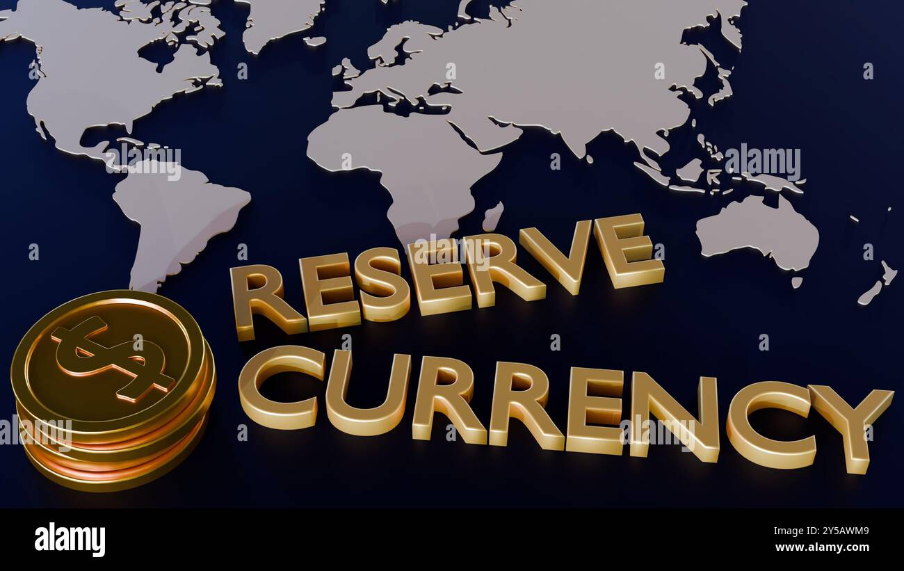 3d rendering of a world map with "RESERVE CURRENCY" and gold coins ...