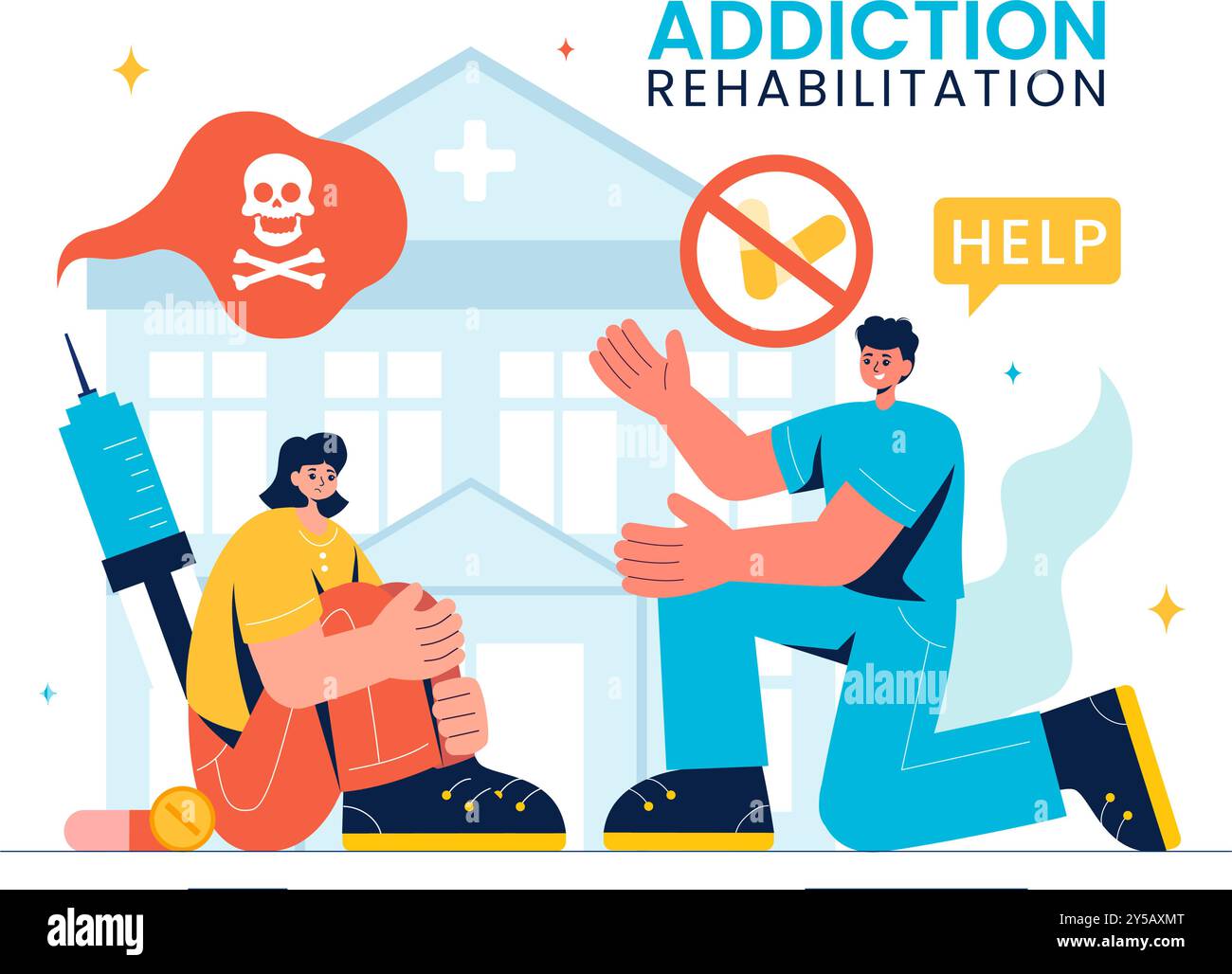 Addiction Rehabilitation Vector Illustration featuring an Inpatient ...