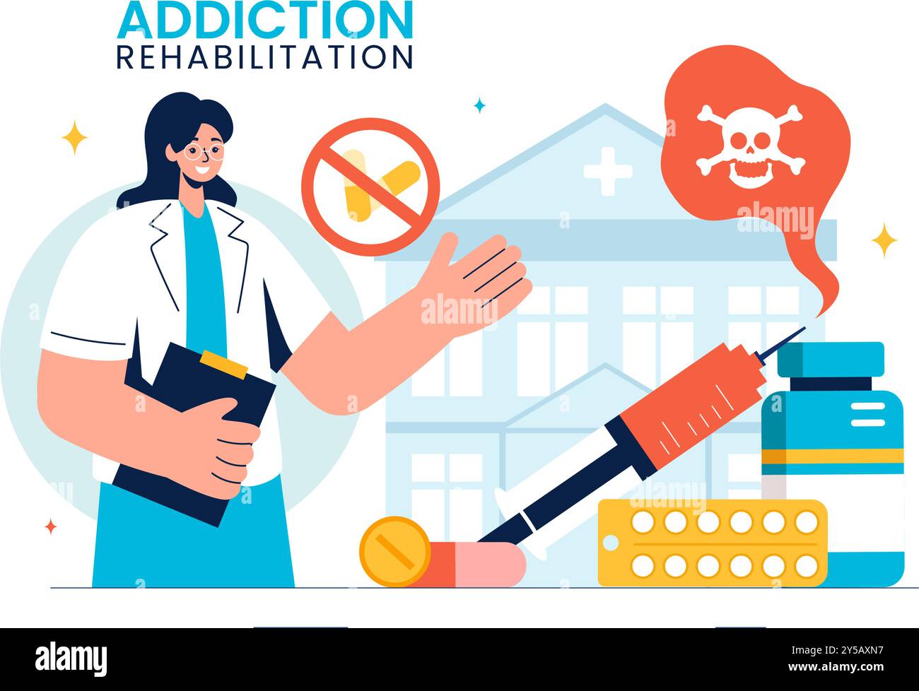Addiction Rehabilitation Vector Illustration featuring an Inpatient ...
