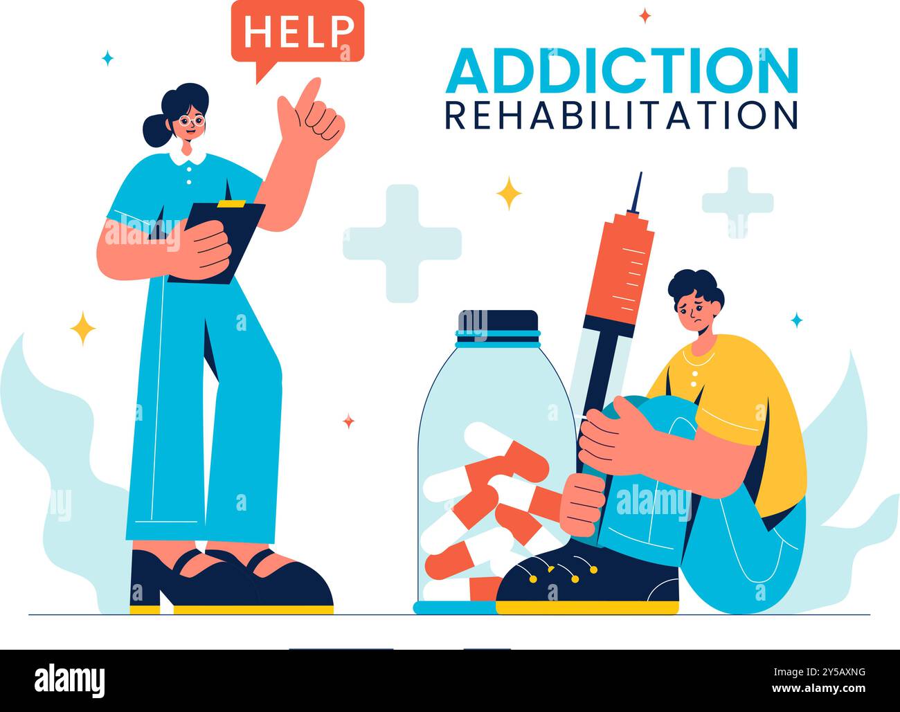Addiction Rehabilitation Vector Illustration featuring an Inpatient Drug Rehab Center, Treatment ...