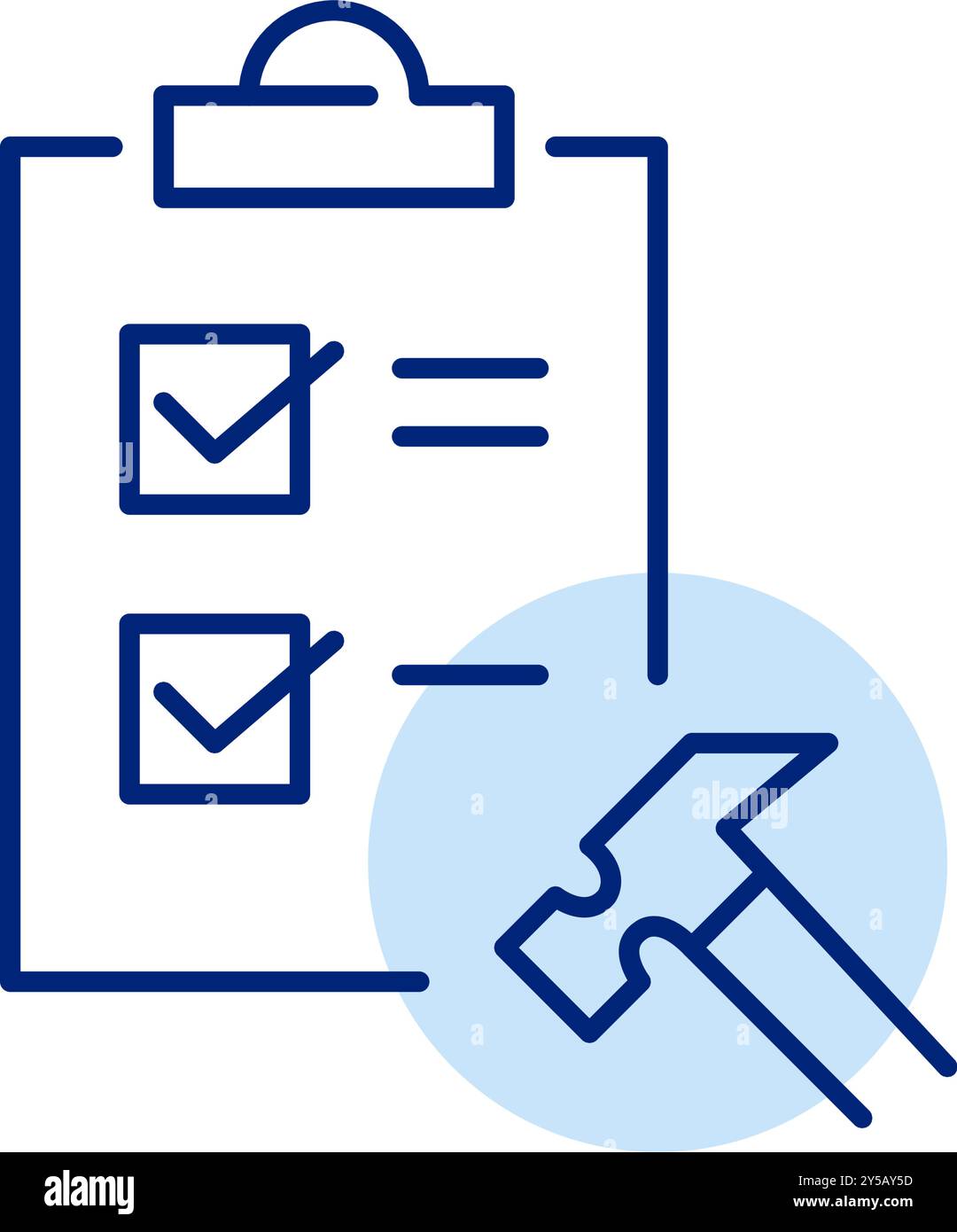 Checklist on clipboard and hammer. Project completion, engineering and construction. Pixel ...