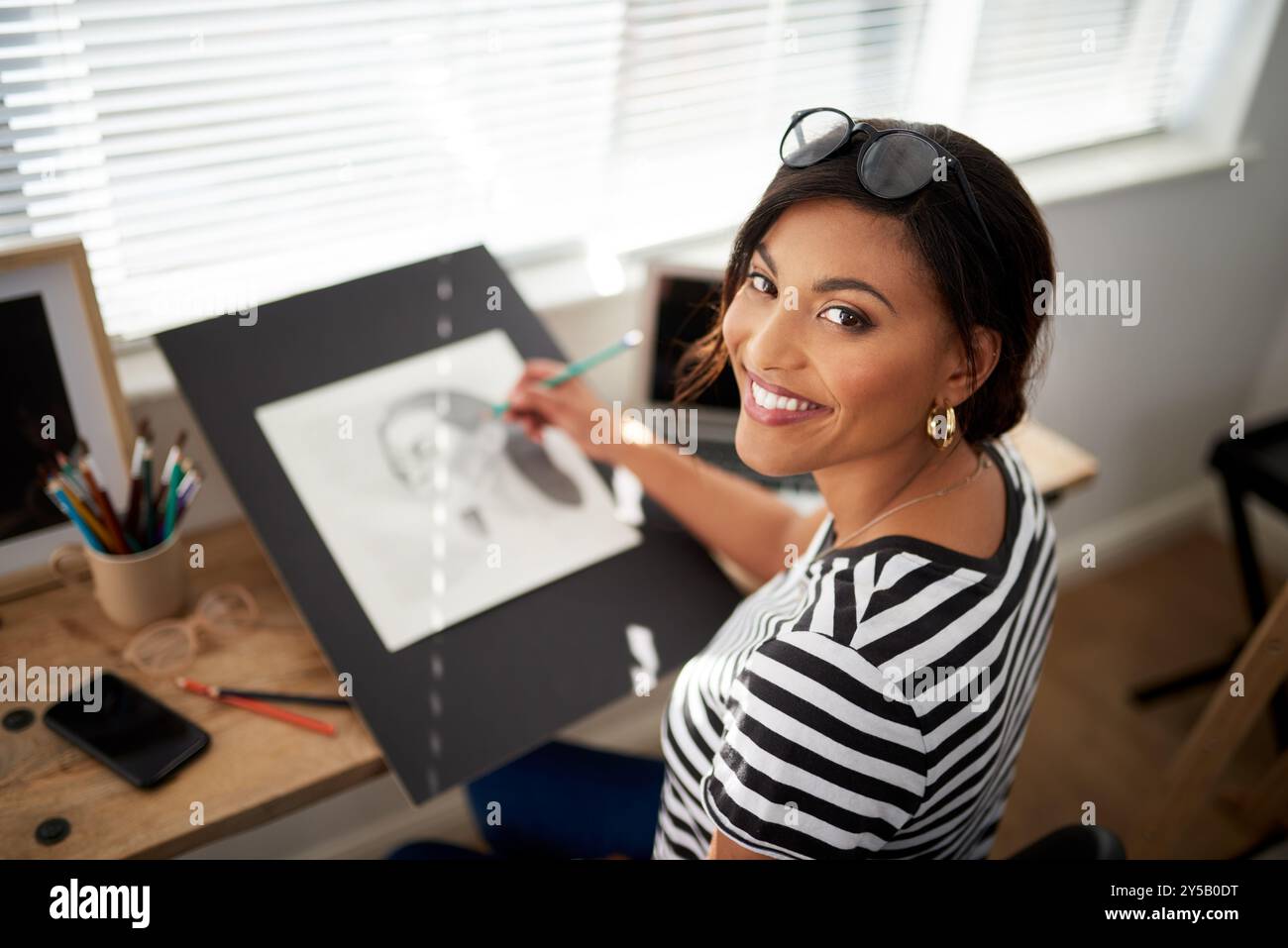 Girl, artist and happy with portrait in studio for creative talent ...