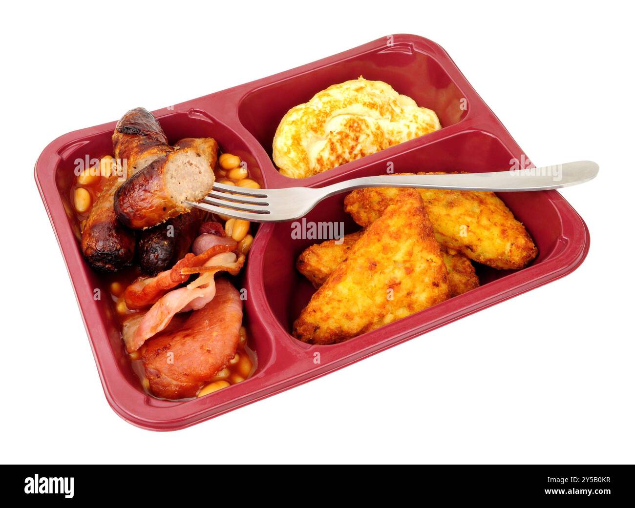 All day breakfast ready meal with pork sausages, bacon, baked beans in ...