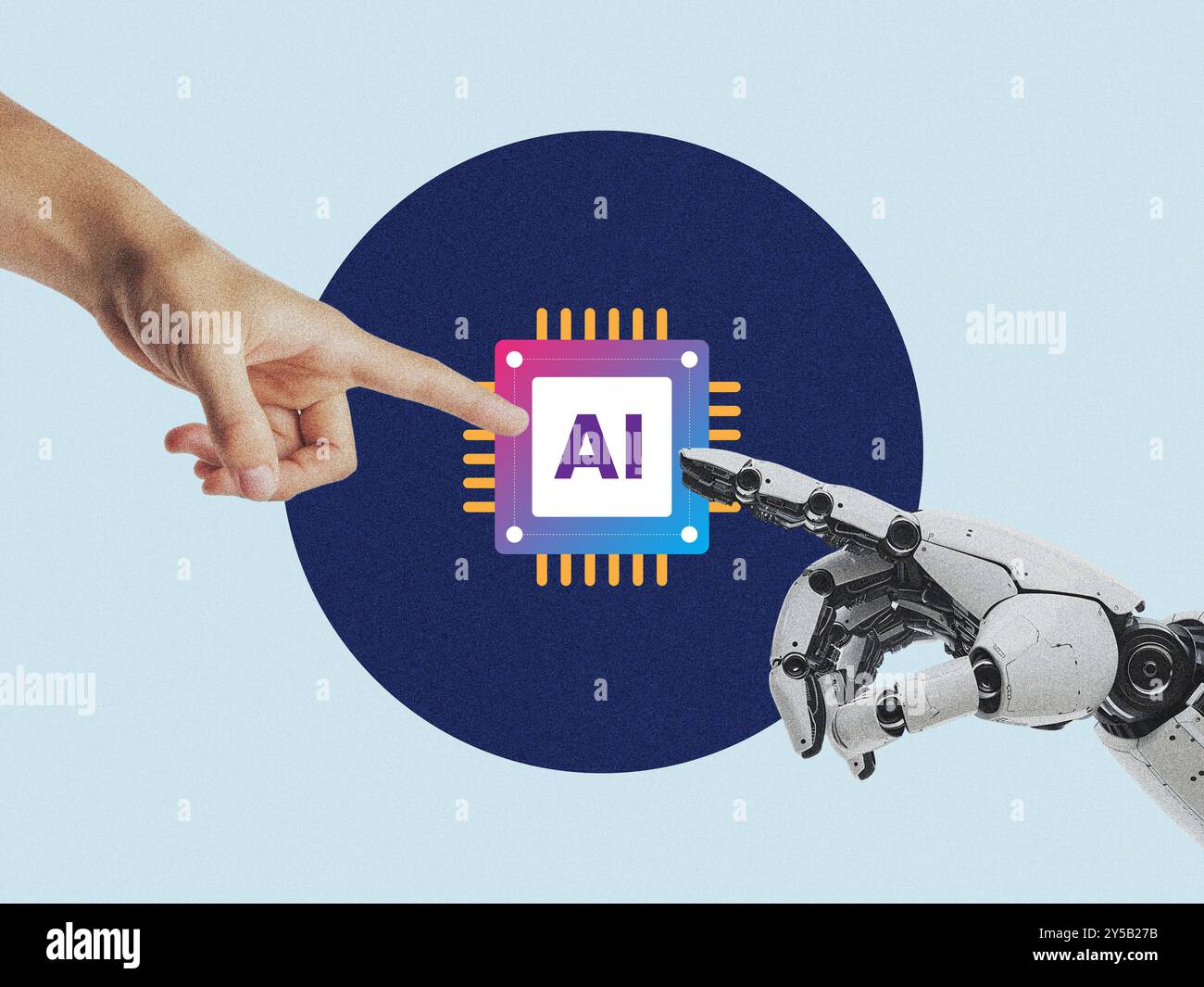 A robot hand and humen hand touch AI chipset technology, Contemporary ...