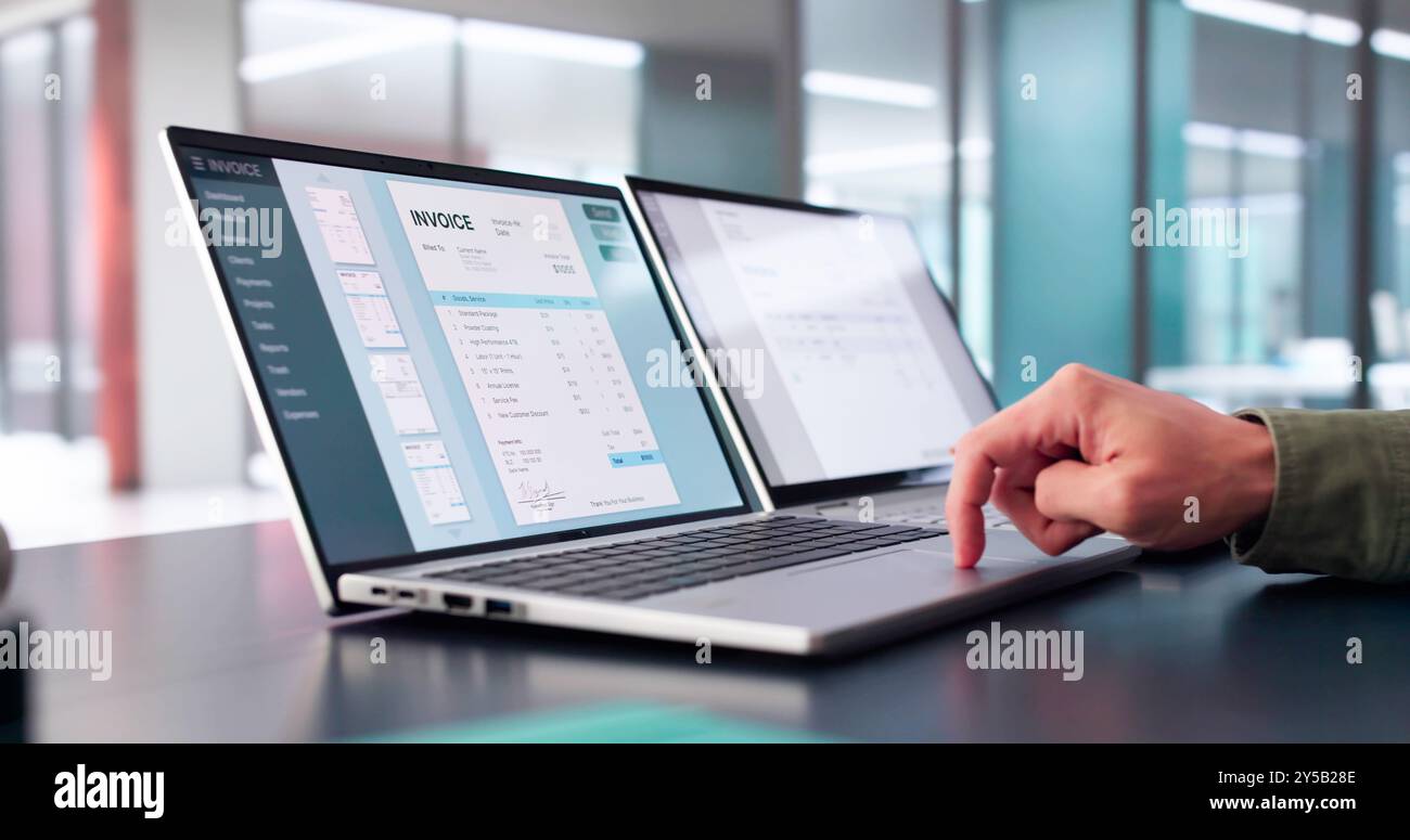 Accountant Calculating Electronic Invoice Or E Bill At Desk Stock Photo ...