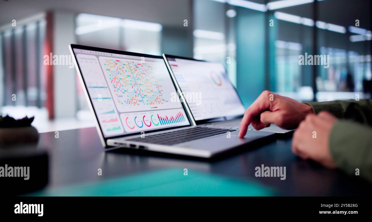 Male Data Analyst Predicting Market Trends On Virtual KPI Dashboard In ...