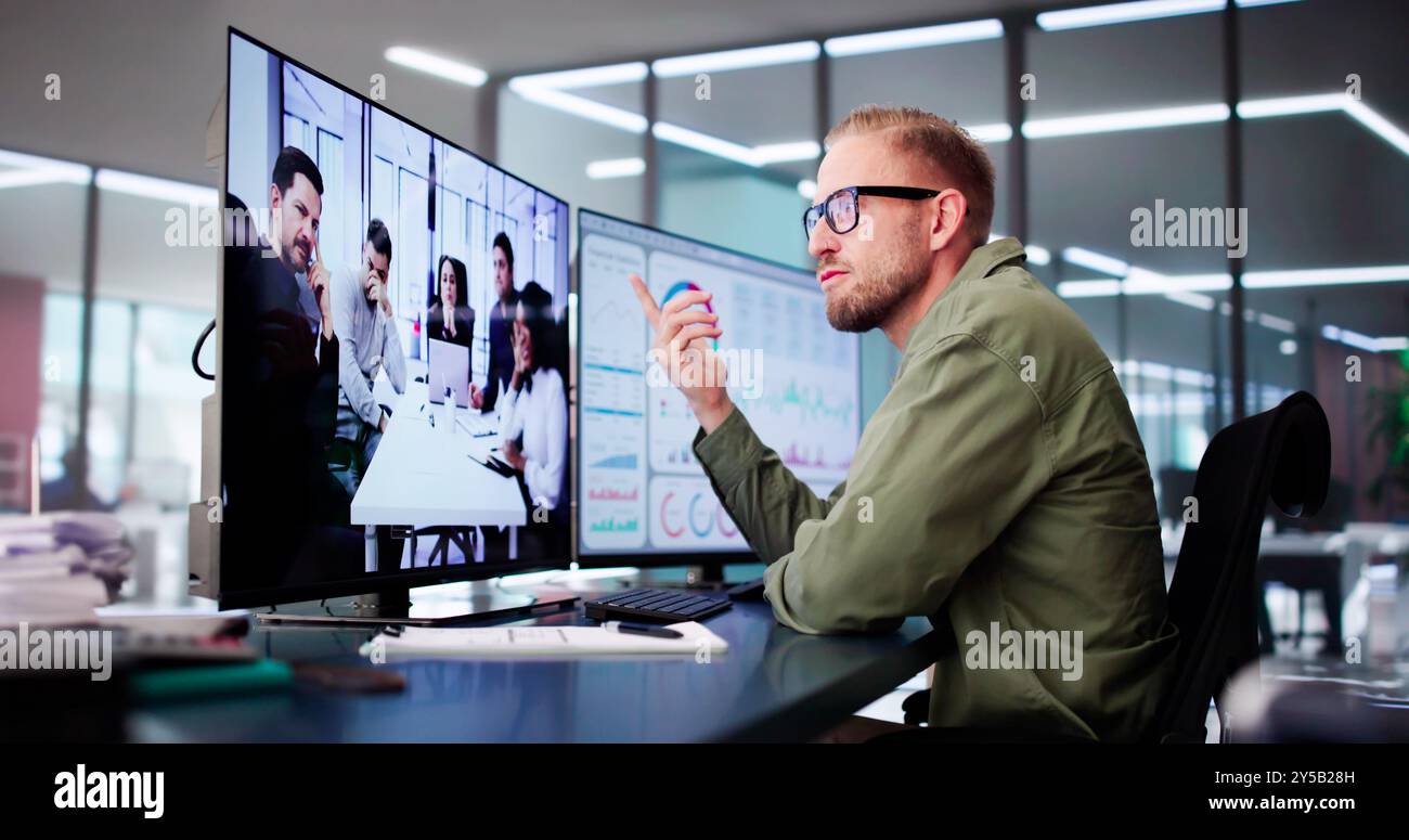 Video Conference Webinar Business Call On Multiple Monitor Screens ...