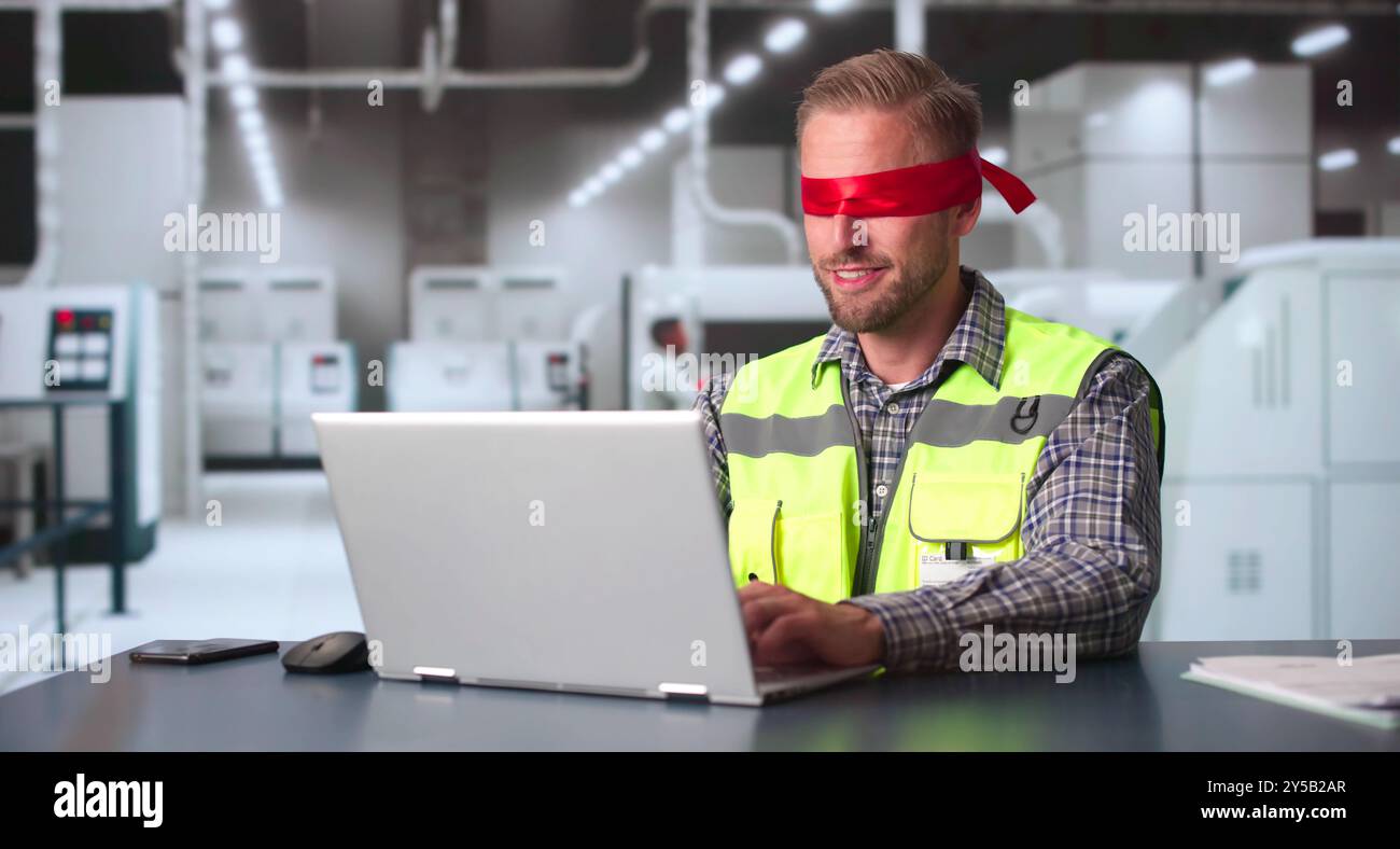 Confused Blindfolded Factory Worker Concept. Industrial Engineer Using ...