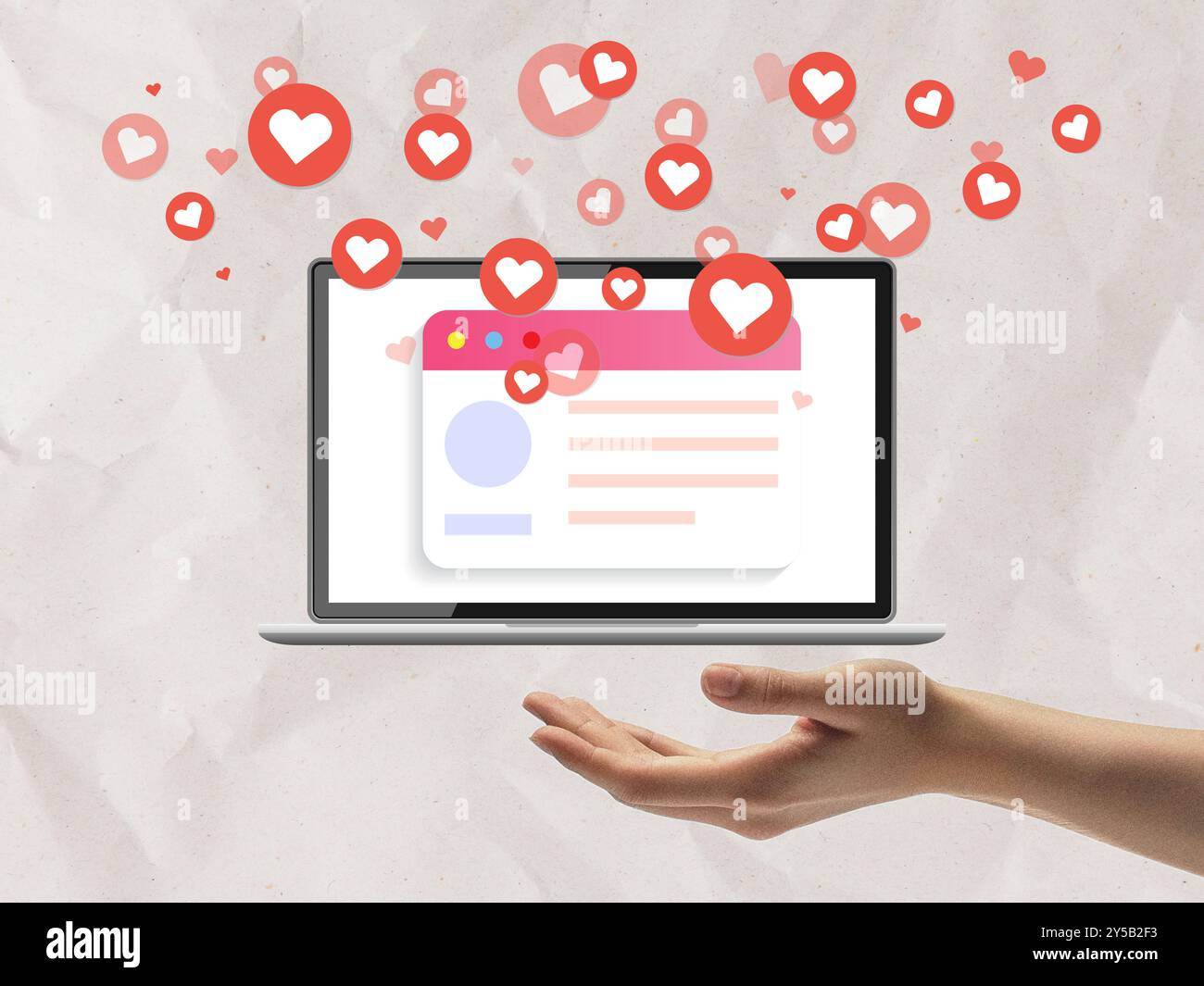 Hand holding labtop with heart icon social media review feedback ...