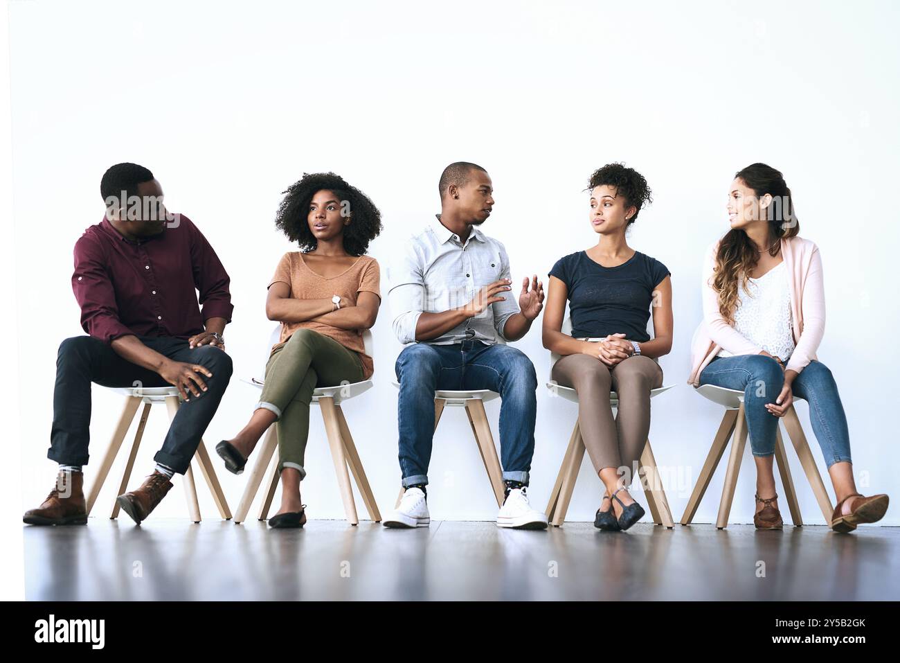 Waiting room, business people and candidates with discussion for ...