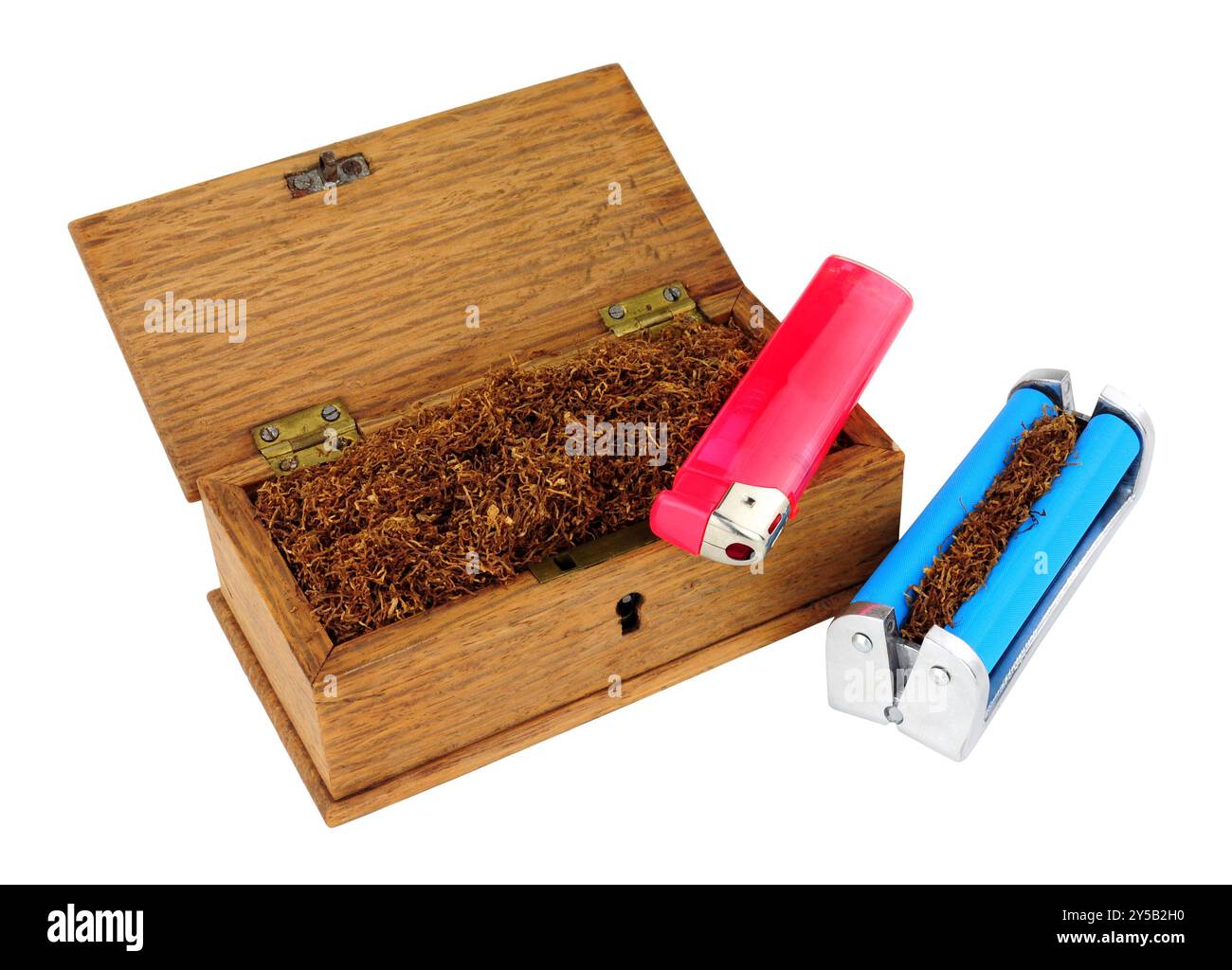 Hand rolling cigarette items including a wooden box of shredded rolling ...