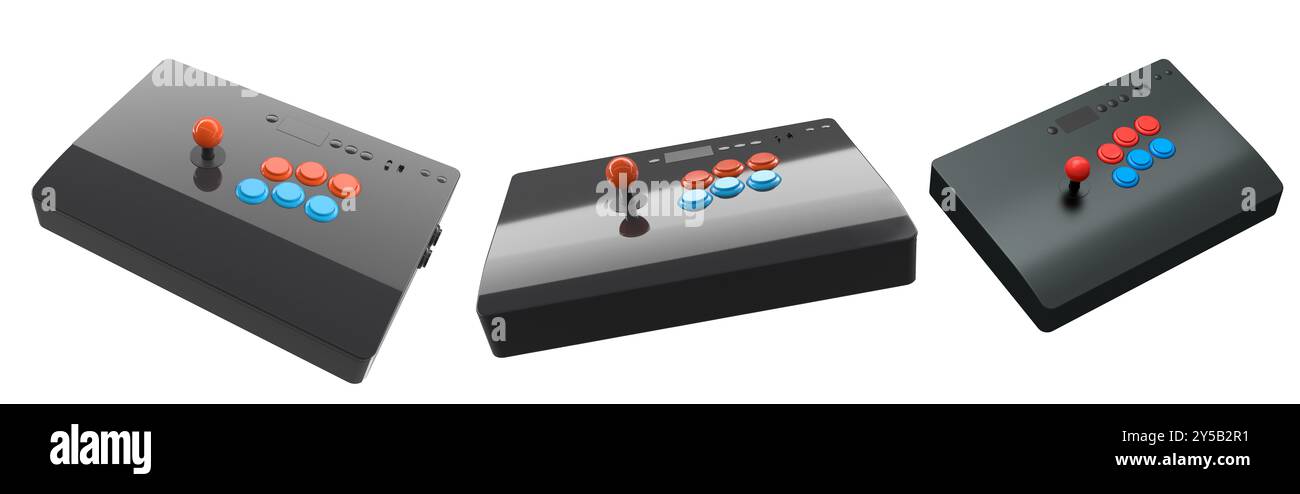 A set of three colorful arcade joysticks, catering to retro gaming ...