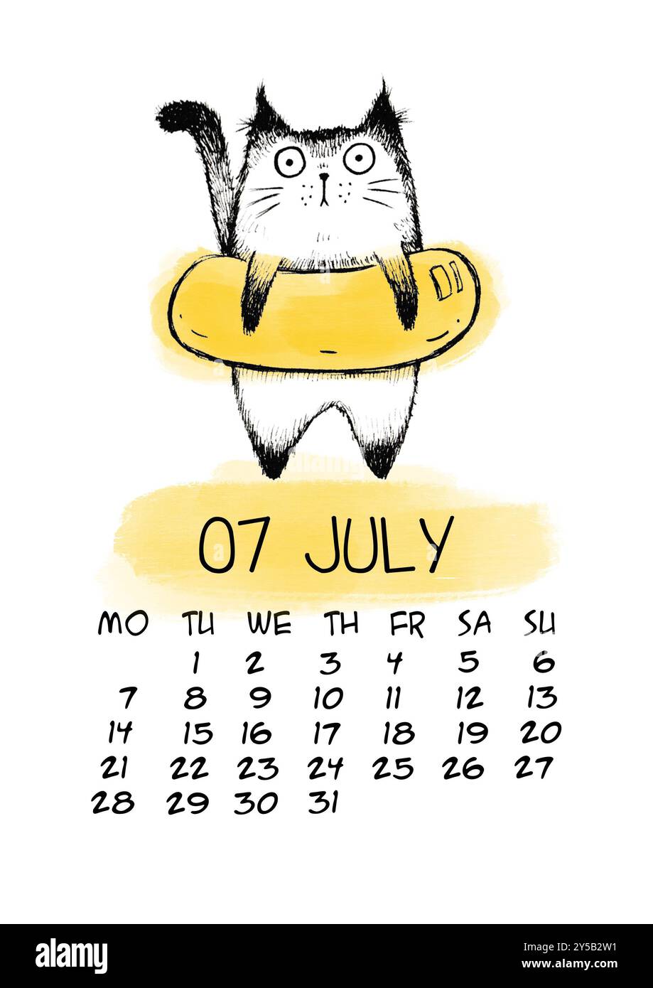 Calendar 2025 with hand drawn cats on white background Stock Photo - Alamy