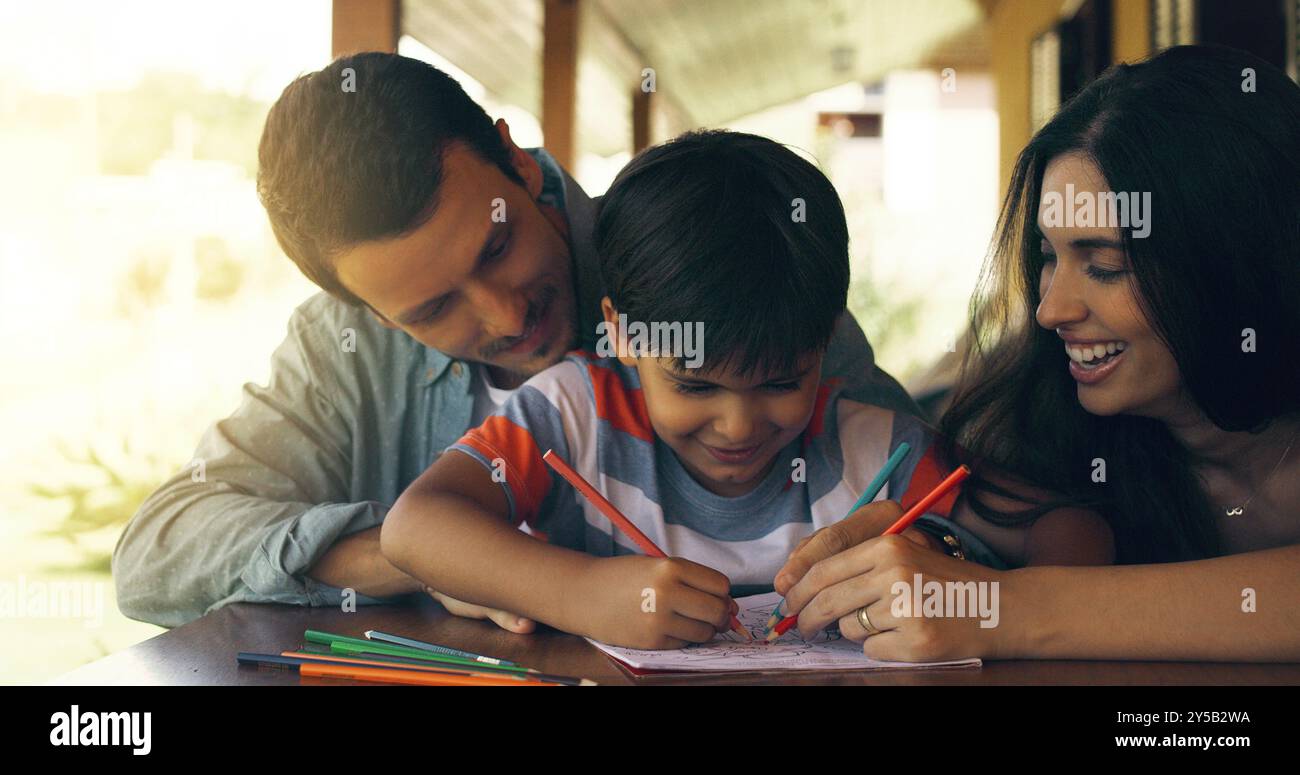 Parents, bonding and boy with paper for teaching, support and love with ...