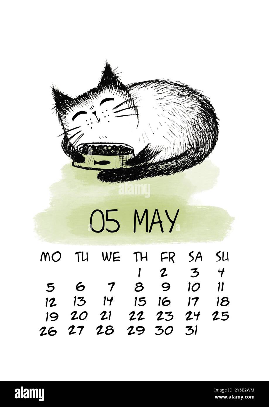 Calendar 2025 with hand drawn cats on white background Stock Photo - Alamy