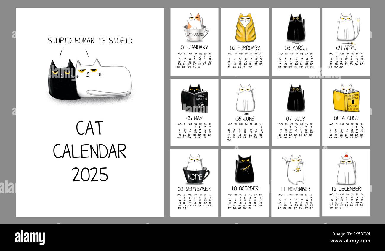 2025 Annual Calendar animals. Set of 12 month illustration. Hand Drawn ...