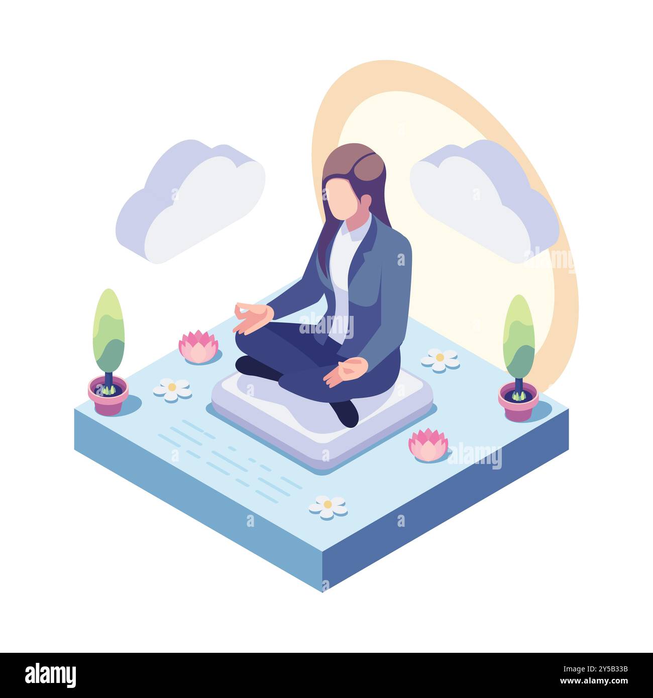 Isometric Businesswoman Practicing Mindfulness in Nature. Mental Health ...