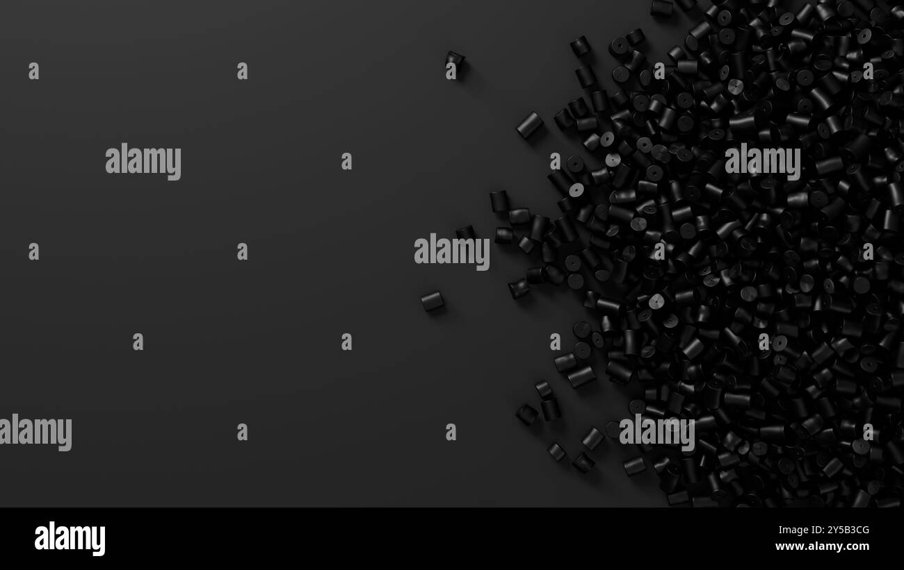 Closeup top view on black plastic polypropylene granules heap on black ...