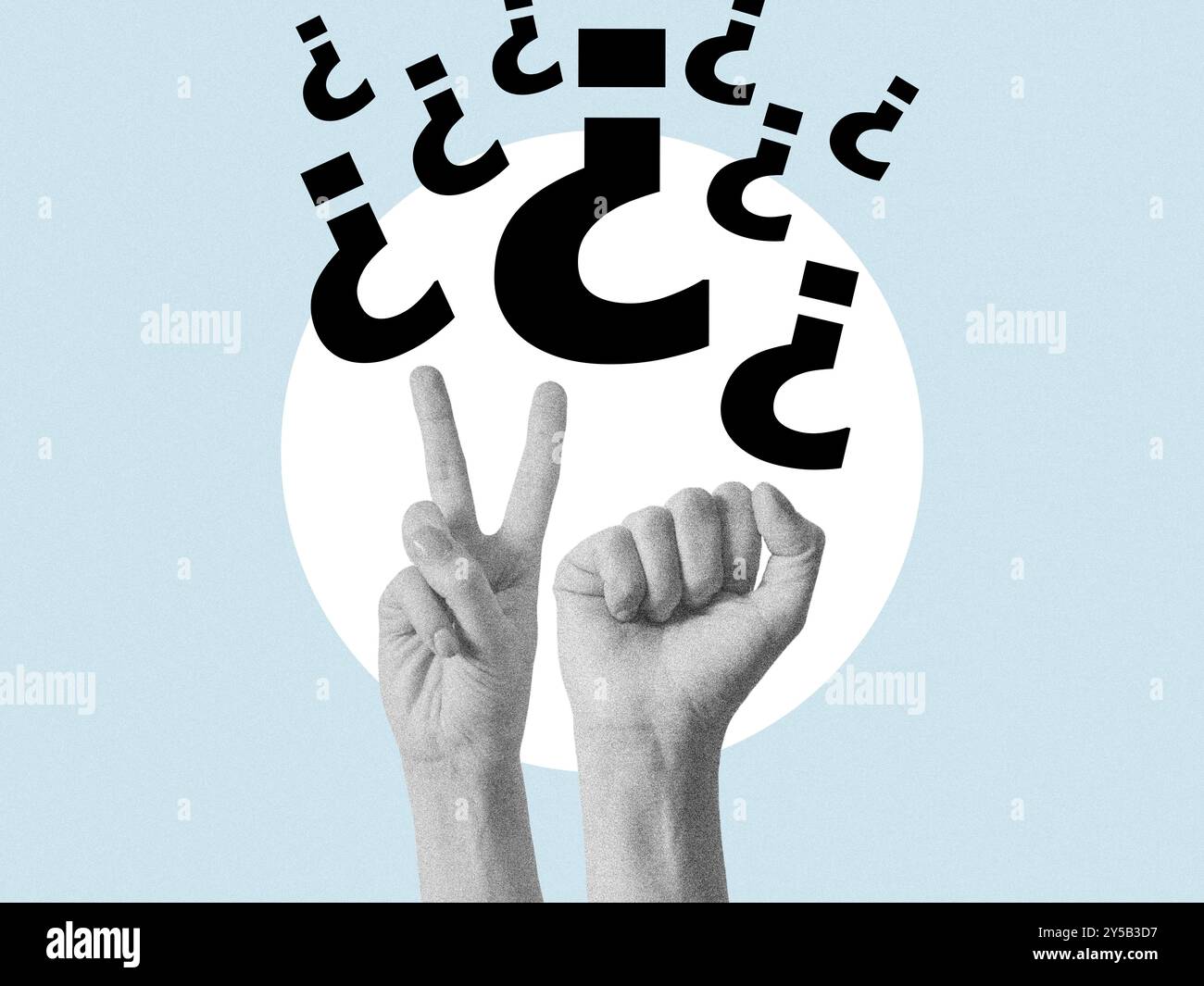 Hands ready to fight problems, Question mark bullets are attacking ...