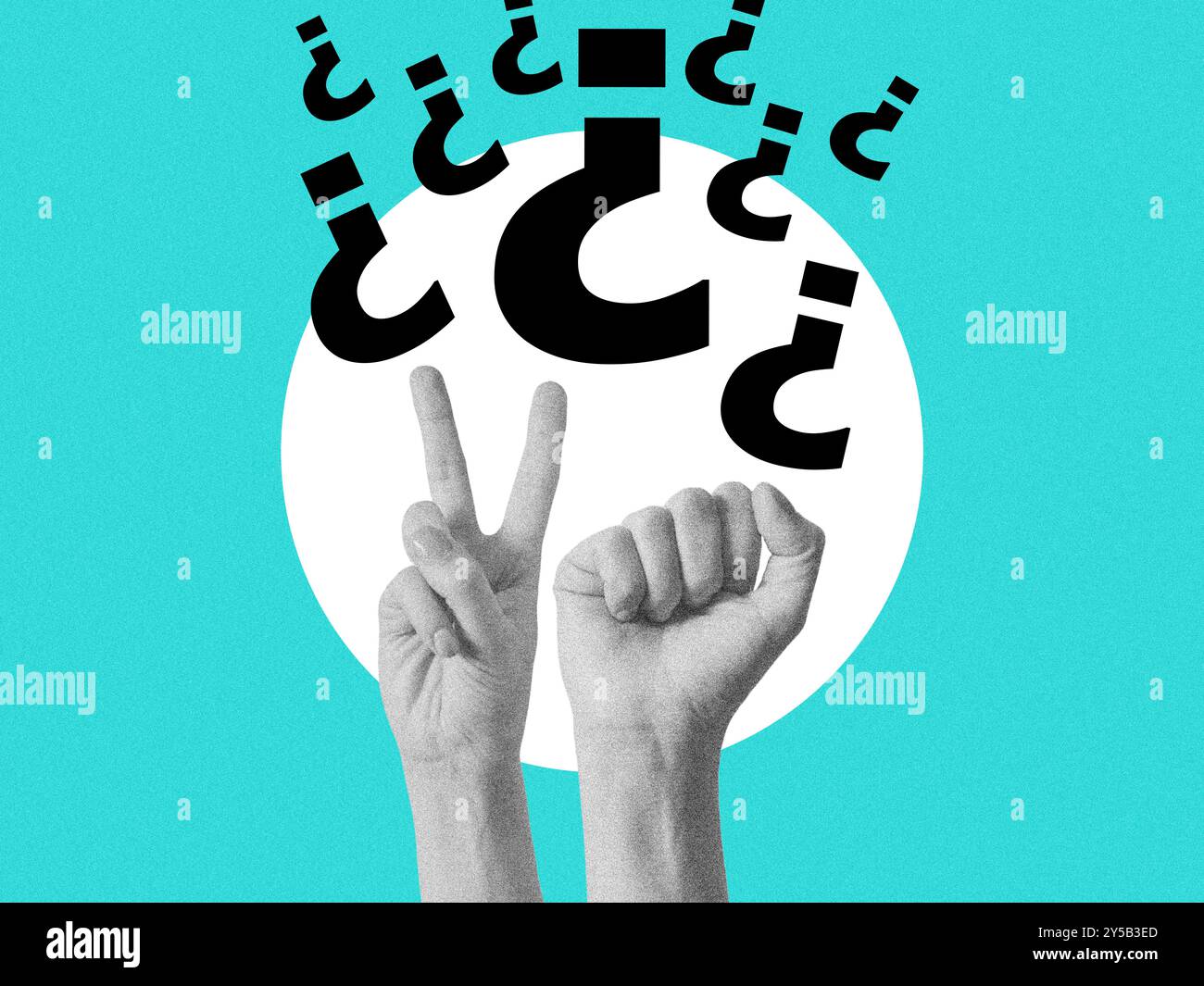 Hands ready to fight problems, Question mark bullets are attacking ...