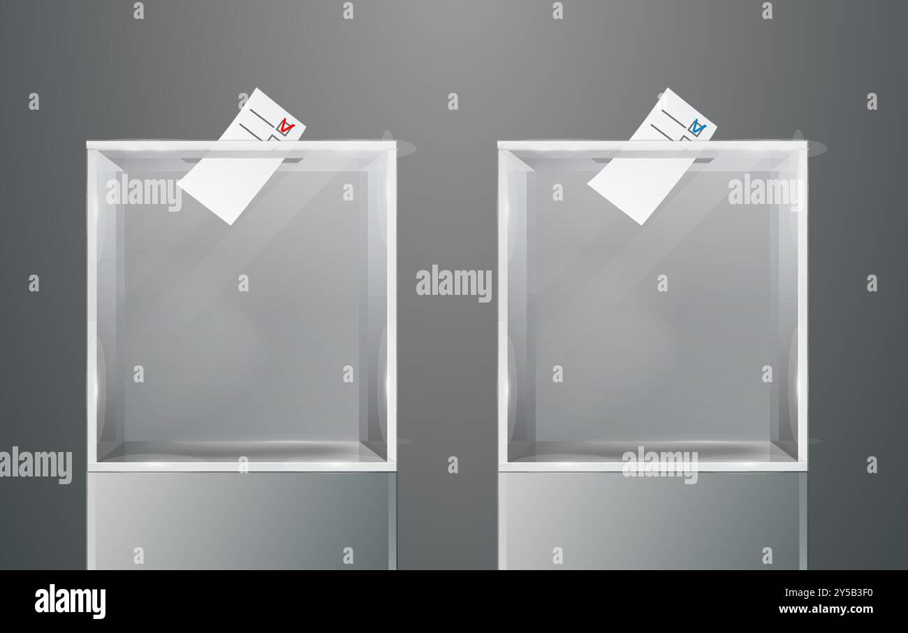 Two realistic empty transparent ballot box with marked ballot in hole ...